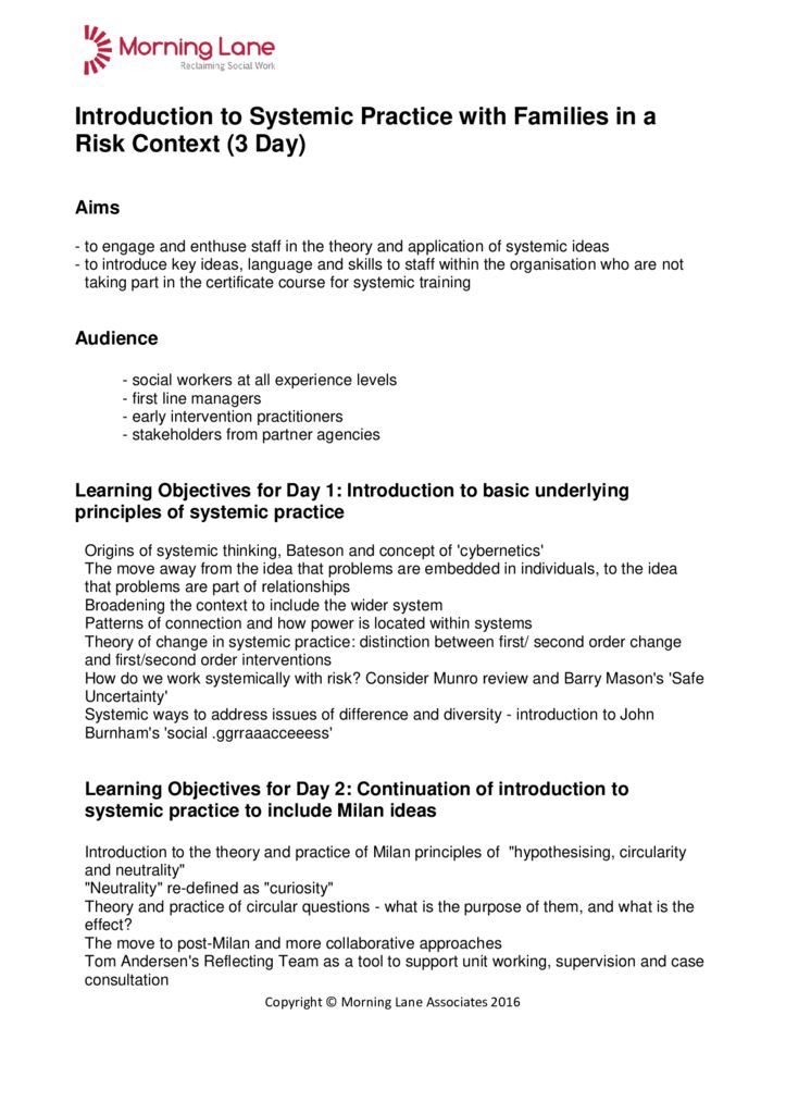 Introduction to Systemic Practice in a Risk Context (3 days ...