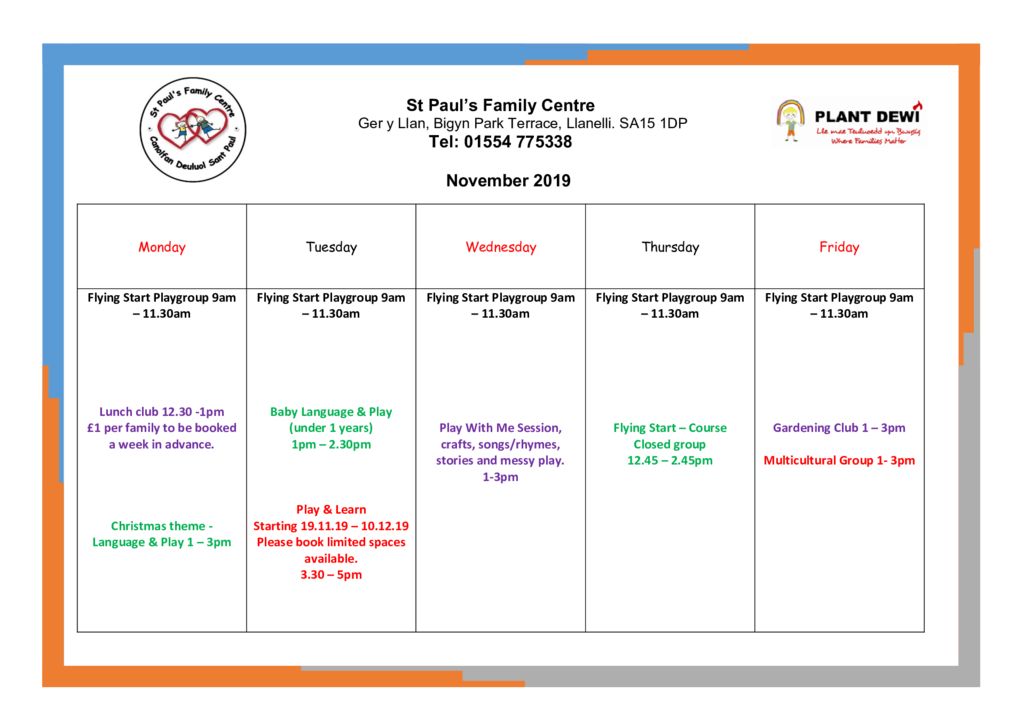 November 19 Timetable - Carmarthenshire Family Information Service