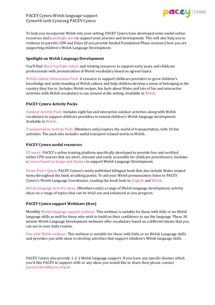 PACEY Cymru WL support - Carmarthenshire Family Information Service