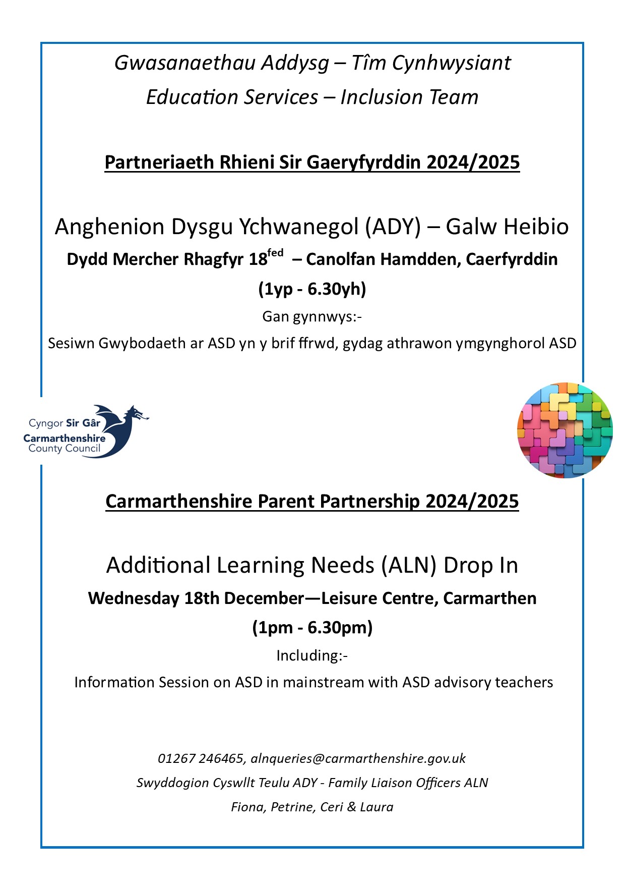 Additional Learning Needs (ALN) Drop-in session - Carmarthenshire ...